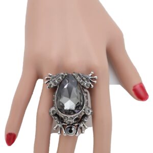 Women Fashion Jewelry Frog Ring - Silver Color Metal One Size Elastic Band Big Animal