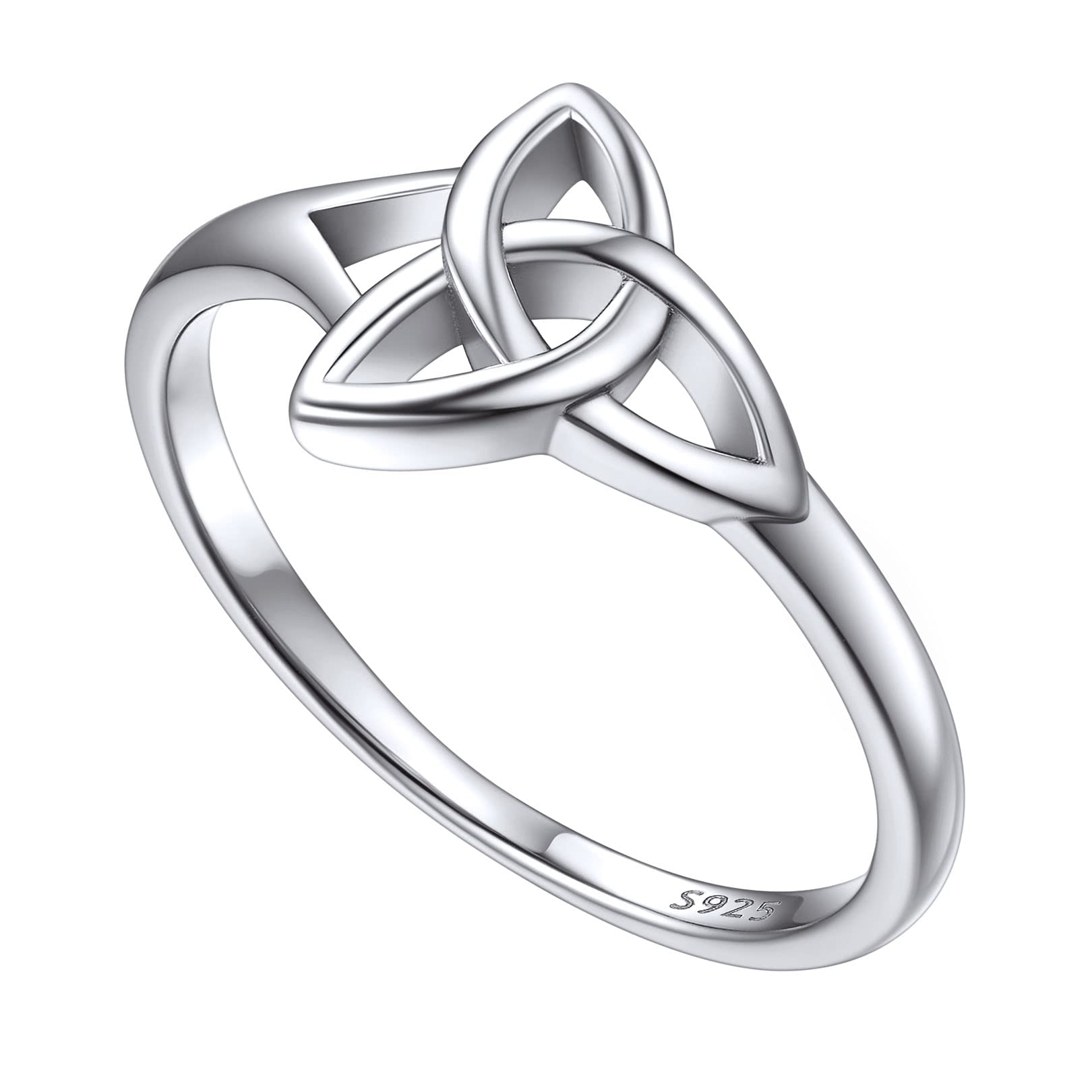 FOCALOOK 925 Sterling Silver Platinum Plated Celtic Triquetra Trinity Knot Simple Plain Stackable Band Ring Womens Promise Ring, Size 6