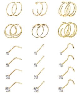 vegolita 24pcs 20g surgical steel nose rings hoop nose studs tragus cartilage earrings piercing jewelry 1.5mm 2mm 2.5mm 3mm cz gold