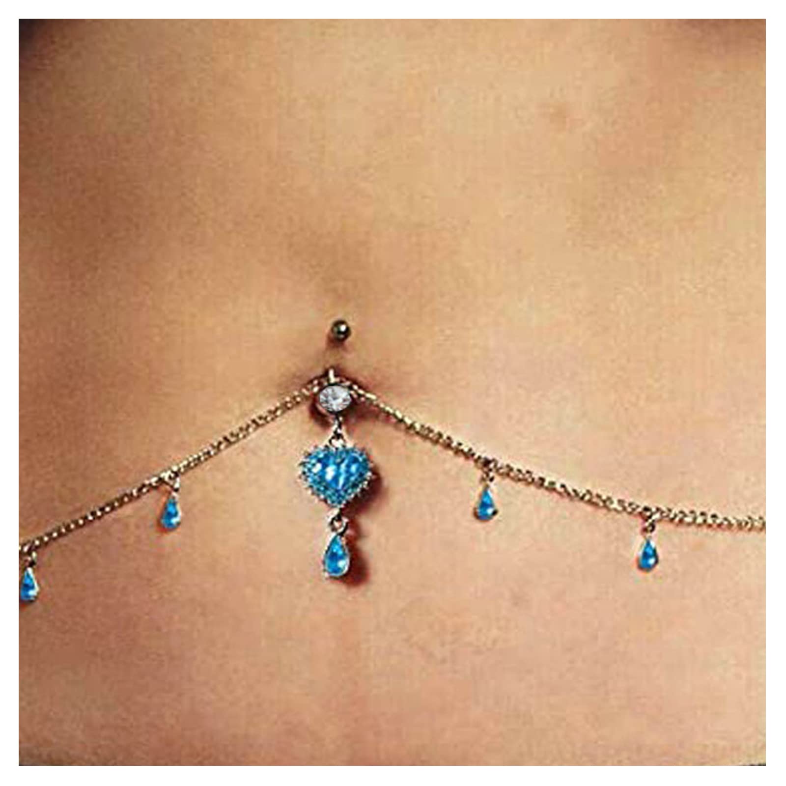 Summer Dangle Waist Chain Bikini Navel Piercing Dangle Belly Button Rings Waist Chain Beach Blue Pendant Crystal Belly Chain for Women(Blue)