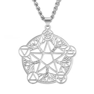 teamer tree of life pentagram necklace stainless steel pentacle pendant wicca pagan jewelry for women (steel)