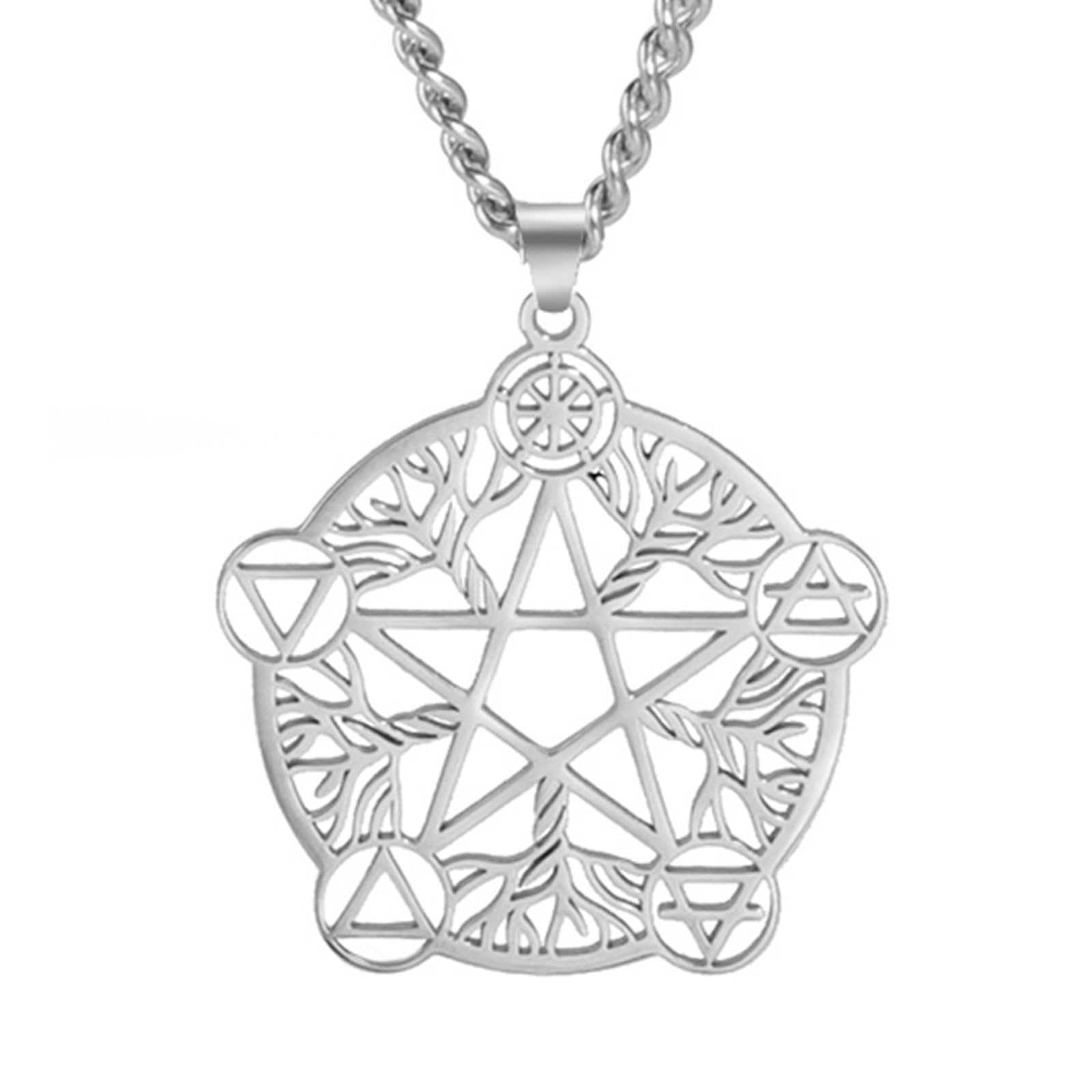 TEAMER Tree of Life Pentagram Necklace Stainless Steel Pentacle Pendant Wicca Pagan Jewelry for Women (Steel)