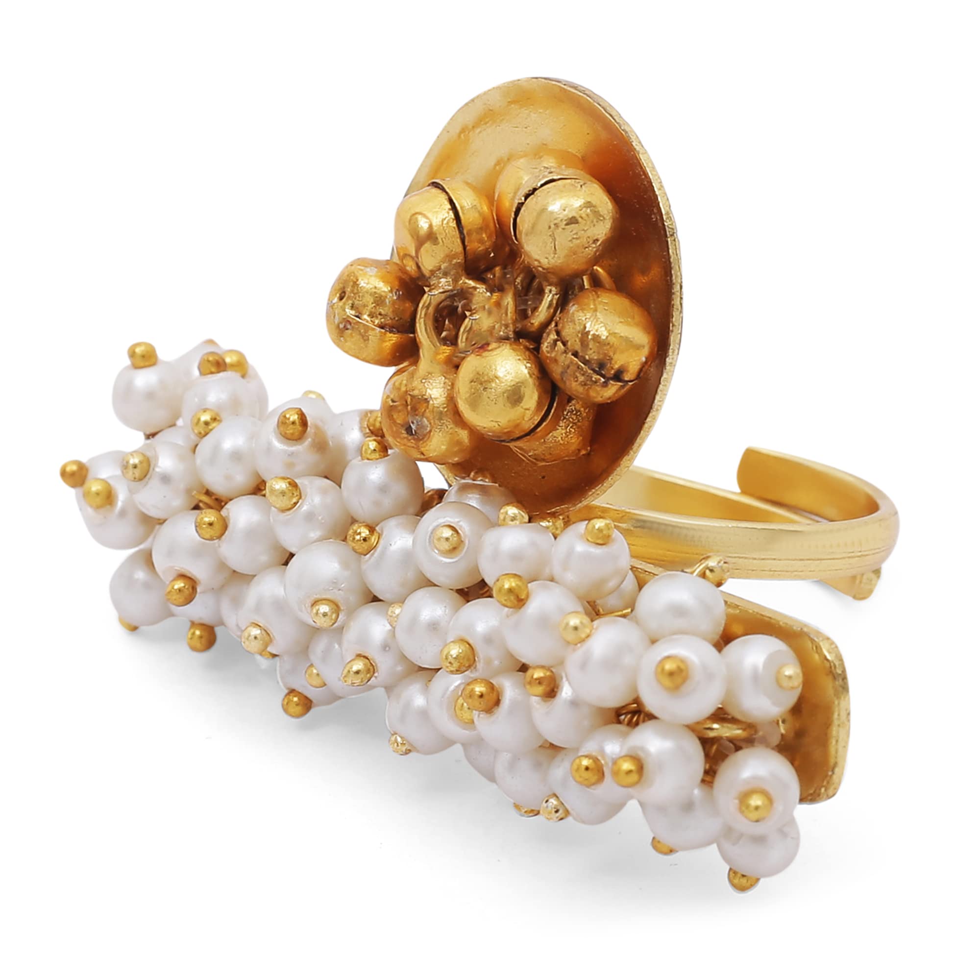 I Jewels Gold Plated Indian Wedding Bollywood Ethnic Adjustable Brass Finger Ring Embellished With ghungroo and pearl (FL224)