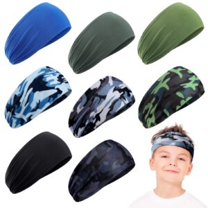 zhanmai 8 pieces boys headbands athletic sweatbands kids sports wicking headbands breathable headbands elastic sweat headband girls boys for football basketball running exercise(camo and plain)