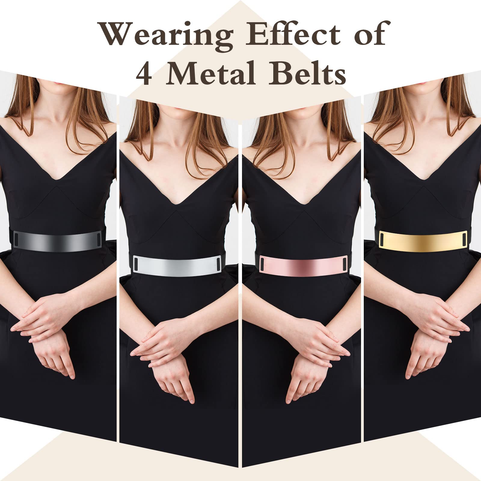 Handepo 4 Pcs Women Mirror Waist Belt Metal Stretch Dress Belts Plated Obi Band Waistband Elastic Belts for Women Metallic Mirror Waist Belt, 4 Colors