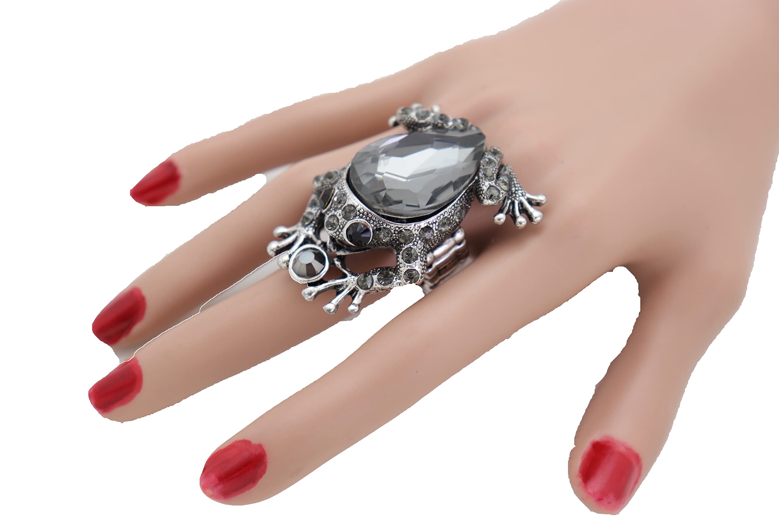 Women Fashion Jewelry Frog Ring - Silver Color Metal One Size Elastic Band Big Animal