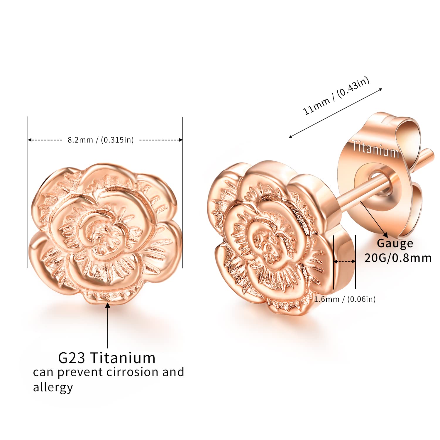 VOJO Implant Grade G23 Titanium Stud Earrings for Sensitive Ears Post Pierced Cartilage Lobe Earring Stud for Women (Rose Gold)