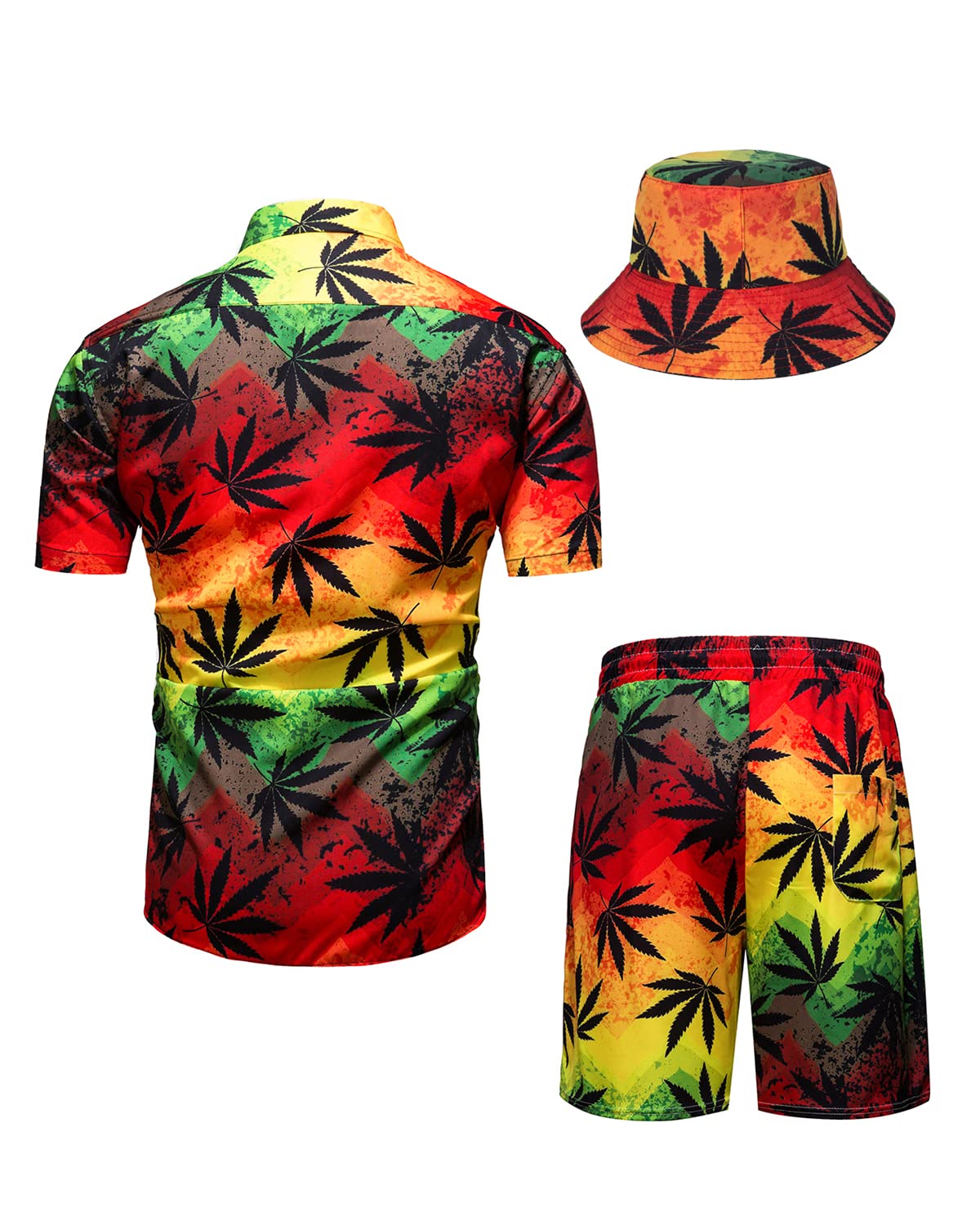 TUNEVUSE Mens Hawaiian Shirts and Shorts Set 2 Pieces Beach Outfits Print Summer Tropical Suit with Bucket Hats Orange Large