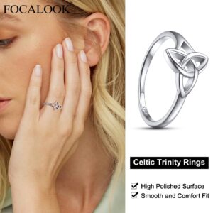 FOCALOOK 925 Sterling Silver Platinum Plated Celtic Triquetra Trinity Knot Simple Plain Stackable Band Ring Womens Promise Ring, Size 6