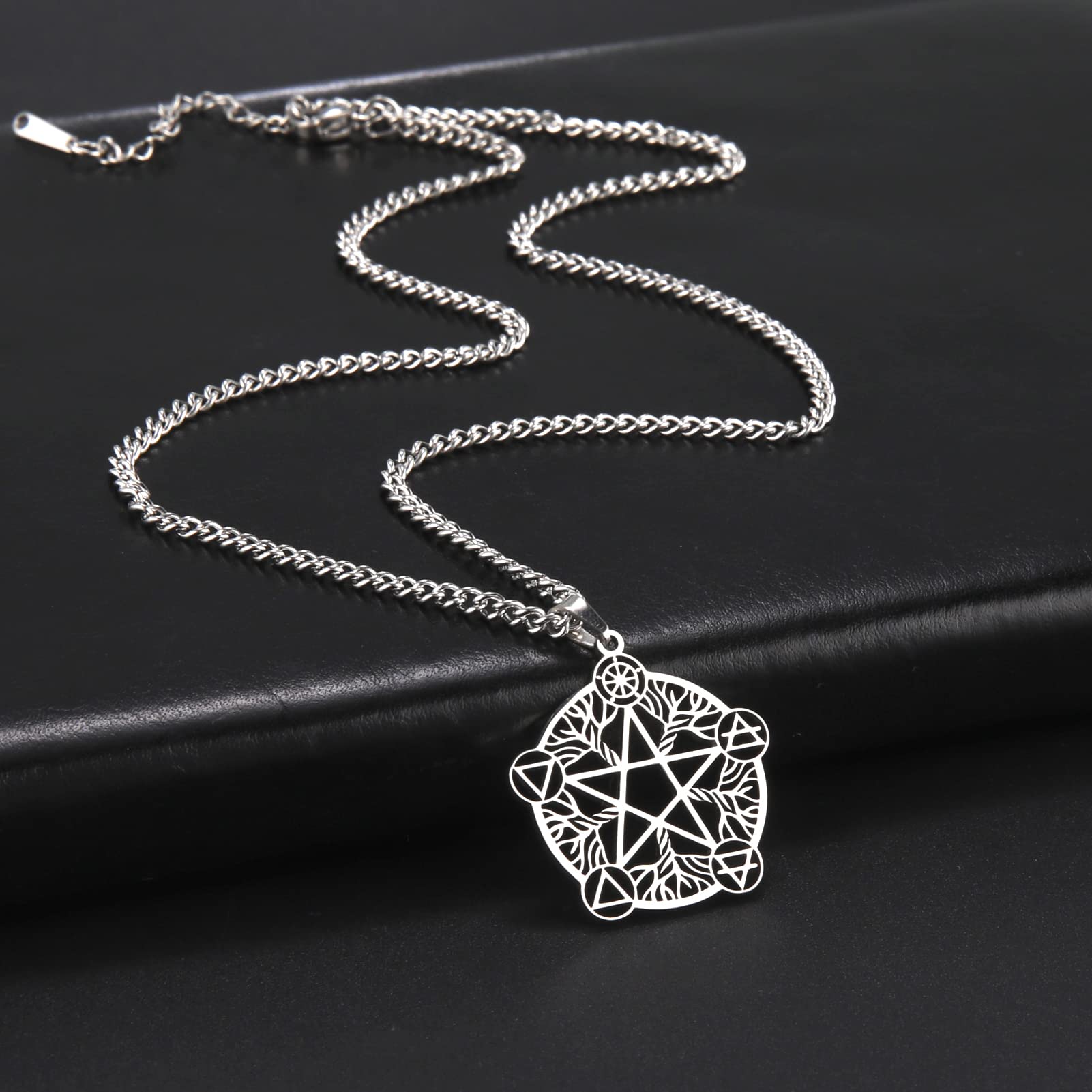 TEAMER Tree of Life Pentagram Necklace Stainless Steel Pentacle Pendant Wicca Pagan Jewelry for Women (Steel)