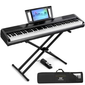 mustar digital piano 88 key weighted with stand, 88 key semi weighted keyboard piano mep-1100, electric piano keyboard 88 keys for beginners, 2x25w stereo speakers, case, sustain pedal, abs, black