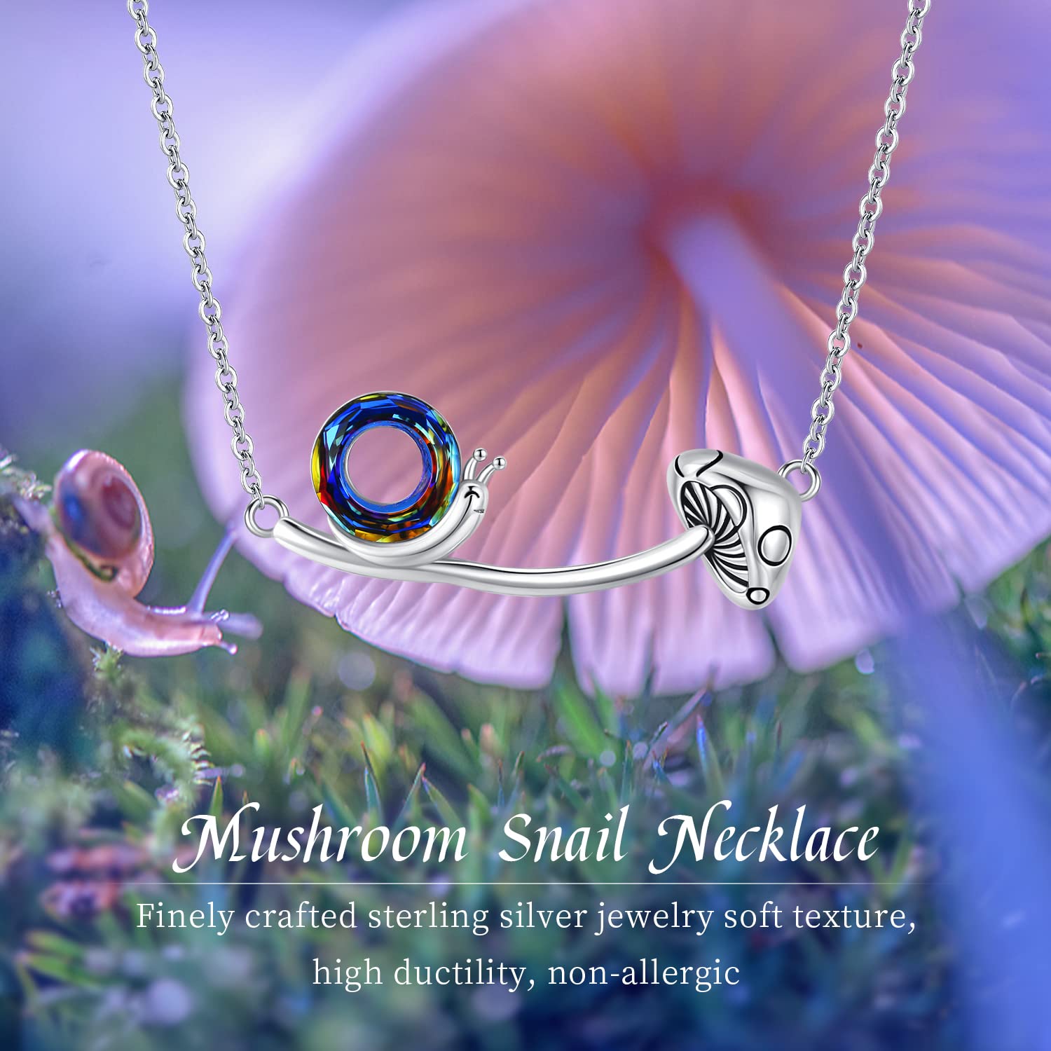 Mushroom Snail Necklace for Women 925 Sterling Silver Crystal Snail Pendant Necklace Nature Animals and Plants Charms for Women Love Lucky Jewelry Gift