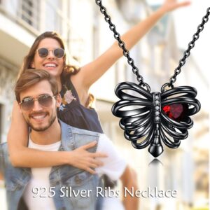 URONE Sterling Silver Rib Necklace Black Pendant with Red Heart Zircon Gothic Skull Jewelry Valentine's Day Birthday Gifts for Women