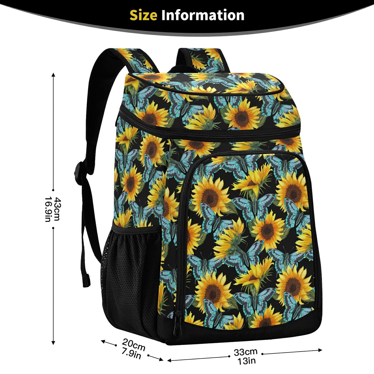 Sunflower Butterflies Cooler Backpack Leakproof Backpack Cooler Insulated Lunch Cooler Bag 30 Cans Camping Coolers for Beach Grocery Shopping Fishing