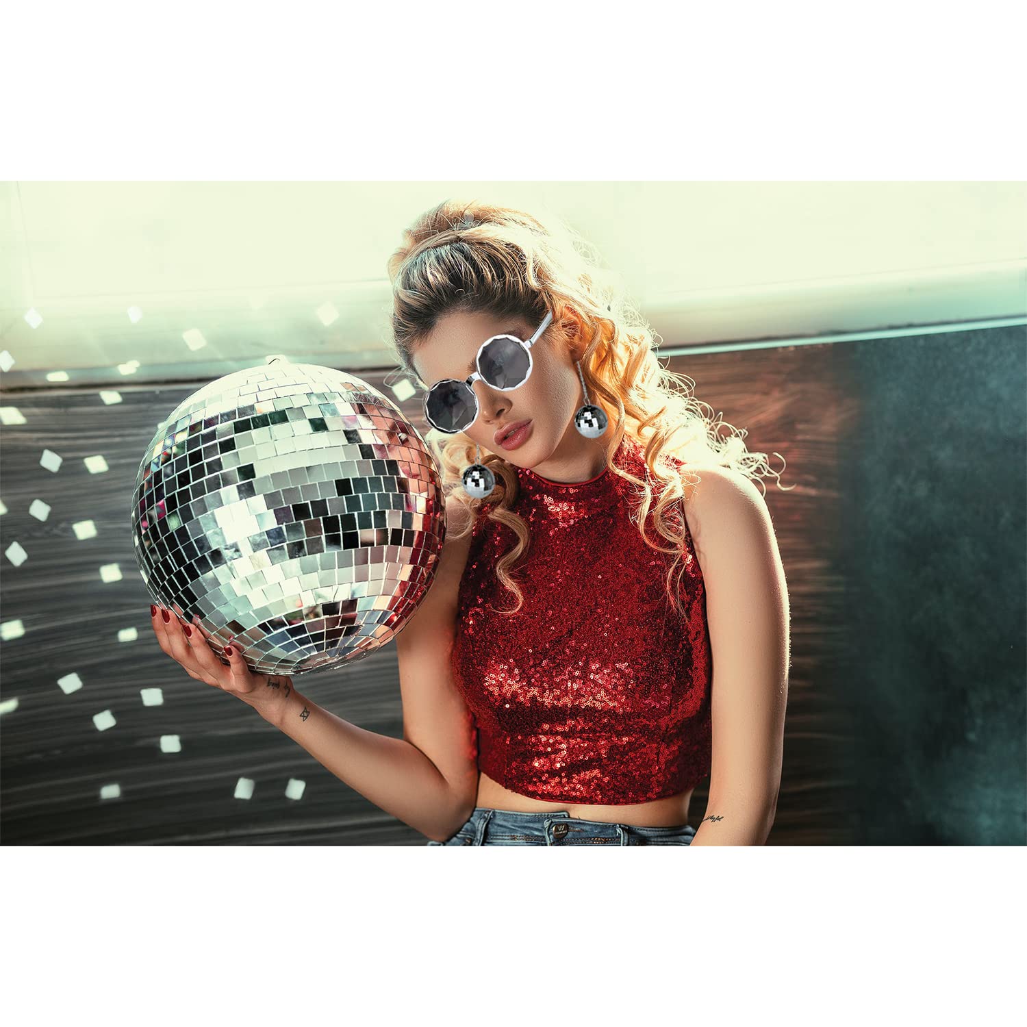 POPCIEL Retro Disco Ball Glasses Funny Party Sunglasses - Party Favor (Silver), 7.28*4.13*1.57 inch