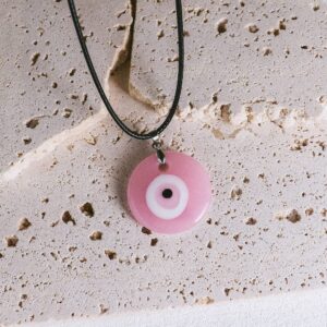 Caiyao Evil Eye Pendant Necklace Glass Leather Rope Chain Turkish Protect Lucky Necklace for Women Men-Pink