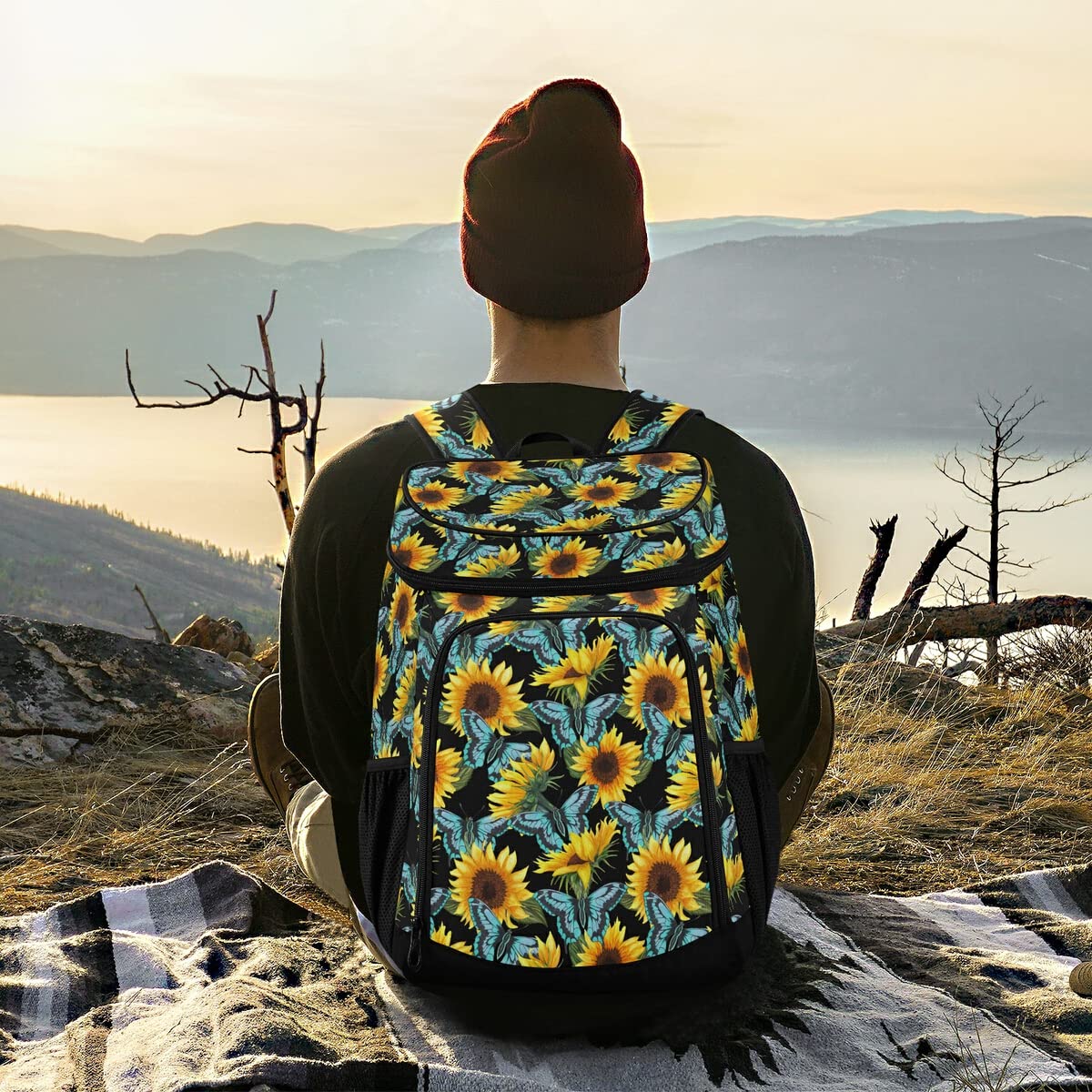 Sunflower Butterflies Cooler Backpack Leakproof Backpack Cooler Insulated Lunch Cooler Bag 30 Cans Camping Coolers for Beach Grocery Shopping Fishing