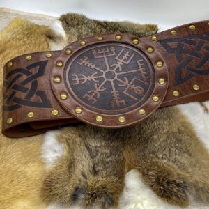 HiiFeuer Viking Embossed Wide Belt, Nordic Faux Leather Armor Belt Knight Corset Belt, LARP Halloween Costume (Brown A)