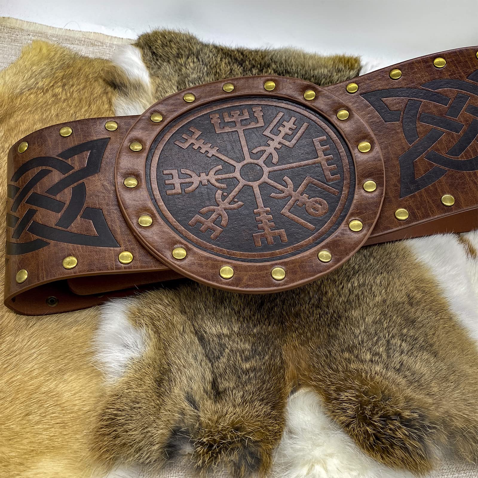 HiiFeuer Viking Embossed Wide Belt, Nordic Faux Leather Armor Belt Knight Corset Belt, LARP Halloween Costume (Brown A)