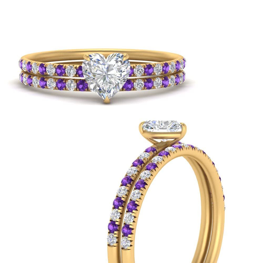 Jewelryonclick Pave Petite Ring with Matching Wedding Band Yellow Gold Plated Natural Amethyst Heart Shape Purple Color Wedding Ring Sets Pave Setting in Size 5 Fashion Jewelry