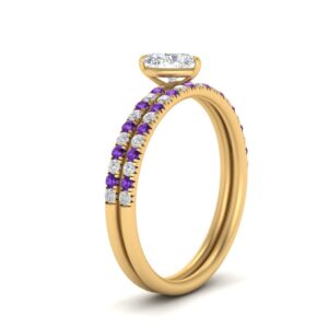 Jewelryonclick Pave Petite Ring with Matching Wedding Band Yellow Gold Plated Natural Amethyst Heart Shape Purple Color Wedding Ring Sets Pave Setting in Size 5 Fashion Jewelry