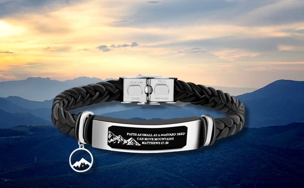 Uloveido Braided Leather Bracelet Engraved Faith Small AS A Mustard Seed Can Move Mountains Matthew 17:20 (Round Mountain Seed)