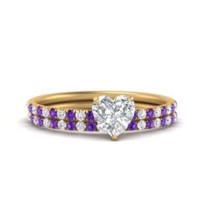 jewelryonclick pave petite ring with matching wedding band yellow gold plated natural amethyst heart shape purple color wedding ring sets pave setting in size 5 fashion jewelry