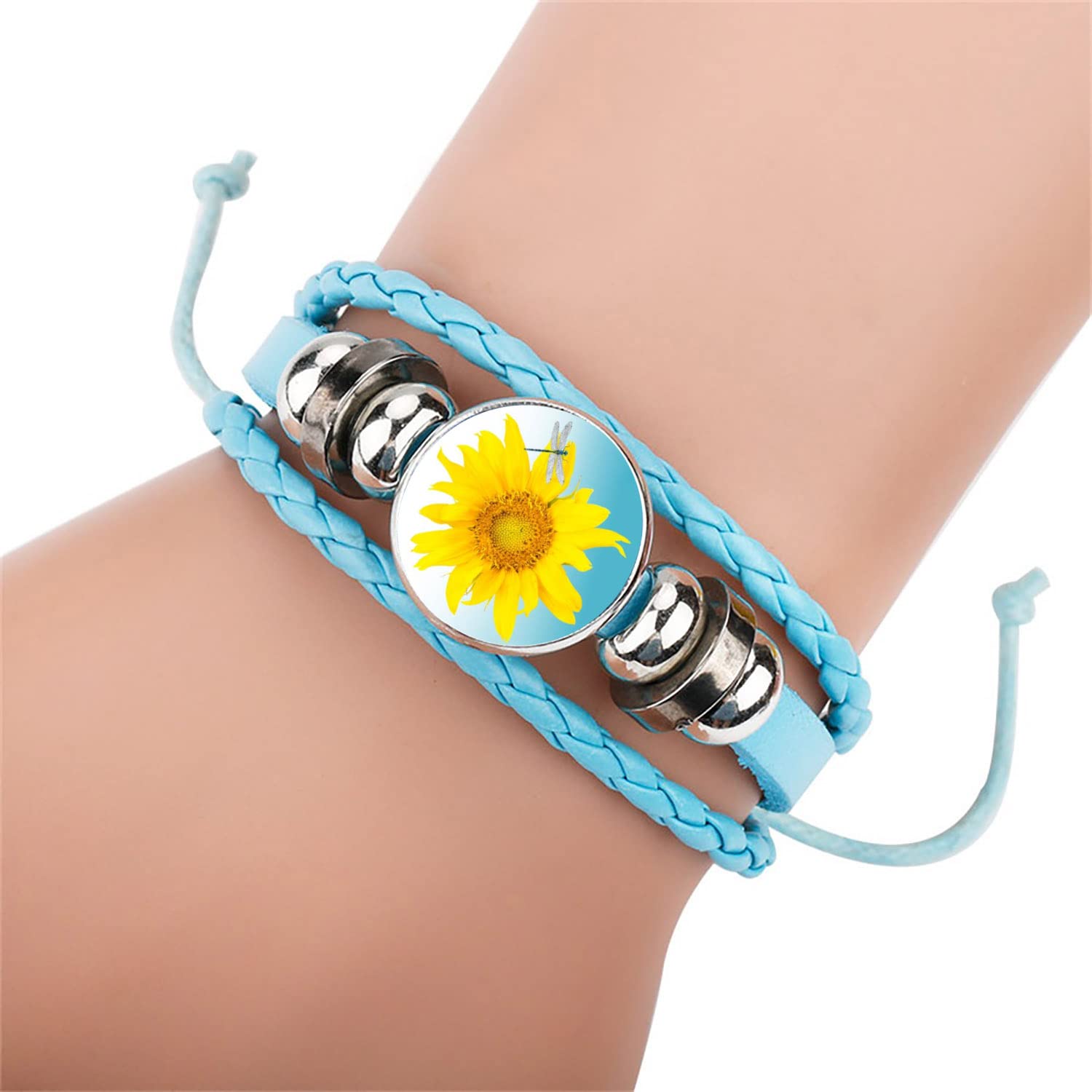 MECETA Adjustable Sunflower Braided Leather Bracelet - Cute Bangle Bracelets Jewelry for Women, The Best Gifts for Women(Blue)