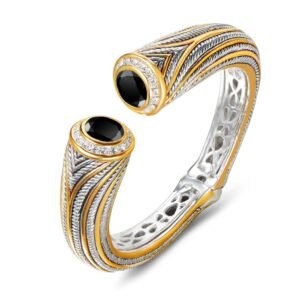 uny jewel jewelry multi strand twisted wire cable inlay 12mm cz vintage antique two tone elegant designer inspired unique spring open cuff bangle (black)