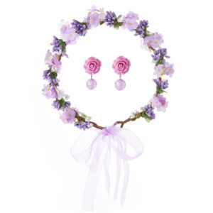 purple flower headpiece with clip on earrings flower crown headband for women halloween costume accessories for isabella