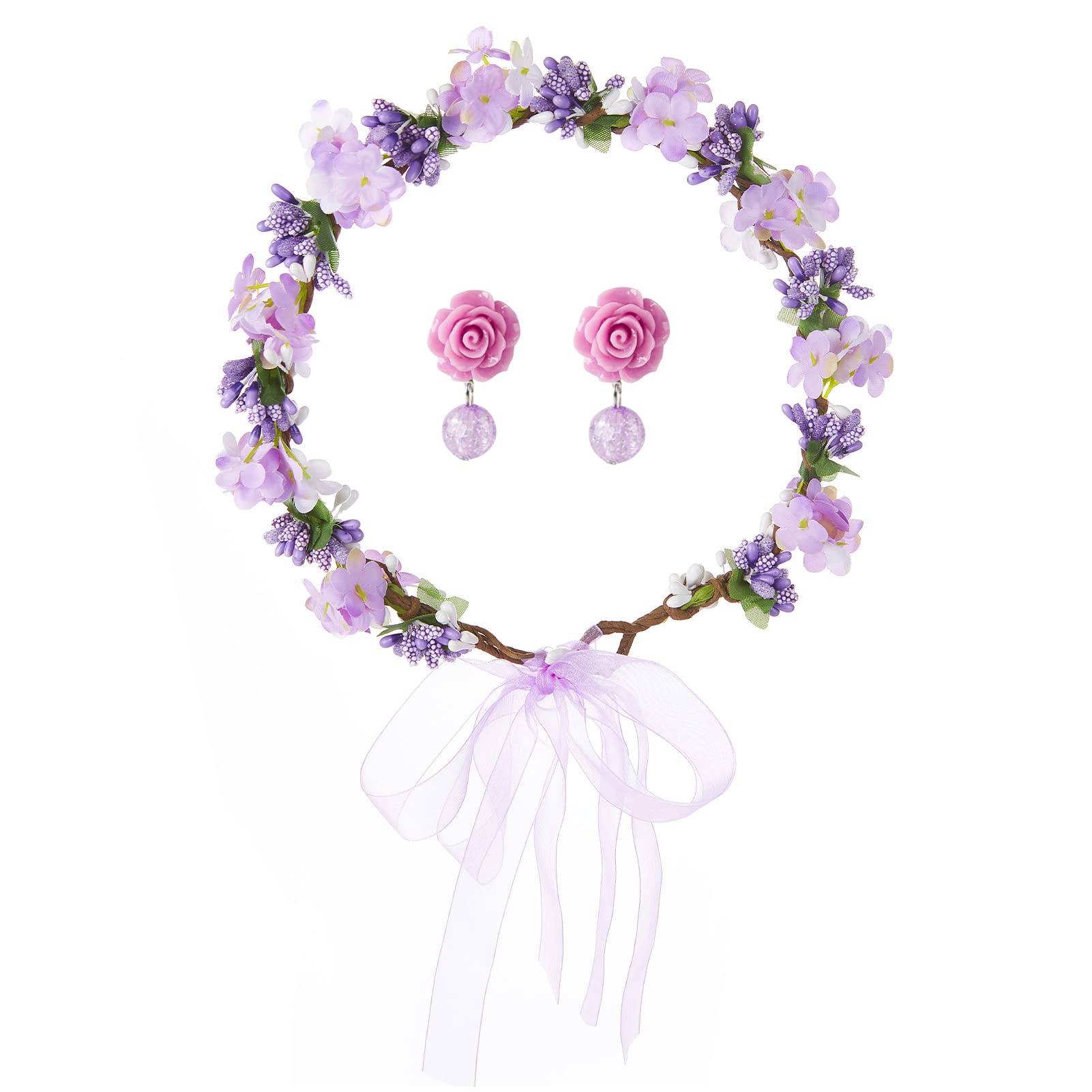 Purple Flower Headpiece with Clip On Earrings Flower Crown Headband for Women Halloween Costume Accessories for Isabella