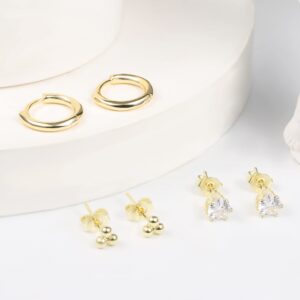 BOUTIQUELOVIN 6 Pairs 14K Gold Earrings Set Studs and Small Huggie Hoop Earrings Multiple Pack for Pierced Ears