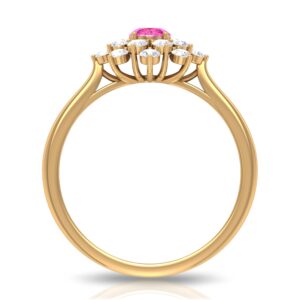 Rosec Jewels Pink Sapphire Engagement Ring with Diamond Halo, Pink Sapphire Cluster Halo Engagement Ring, 14K Yellow Gold, Size:US 5.50