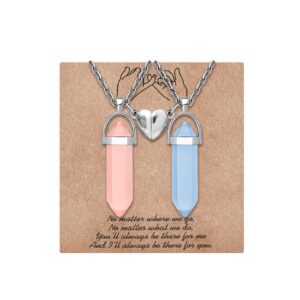 mjartoria bff necklace for 2 crystal charms best friend necklace matching pendant friendship necklace for couples gifts (blue+pink, matching heart)