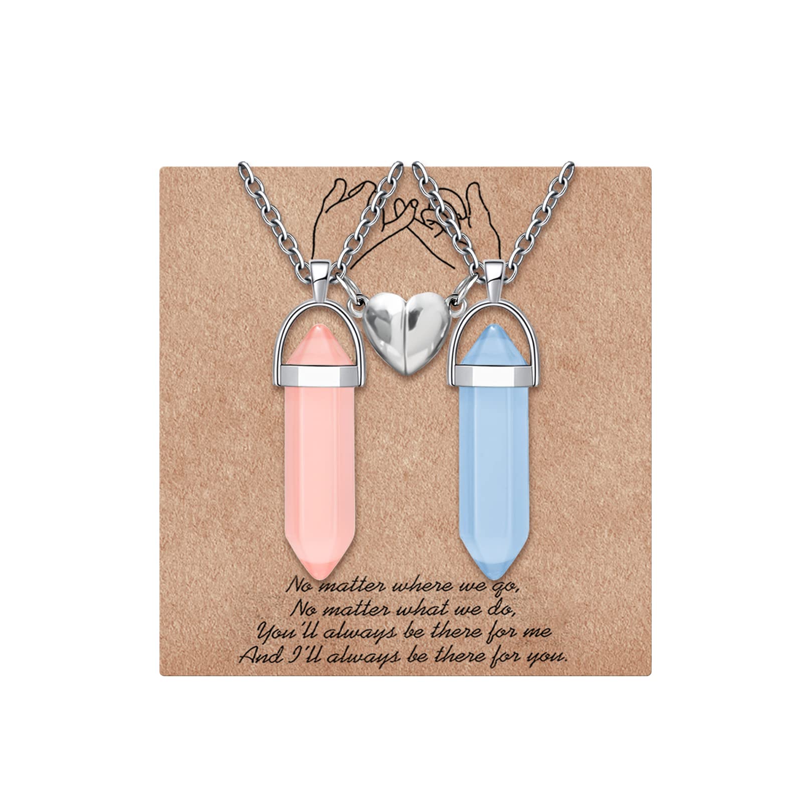 MJartoria BFF Necklace for 2 Crystal Charms Best Friend Necklace Matching Pendant Friendship Necklace for Couples Gifts (Blue+Pink, Matching Heart)