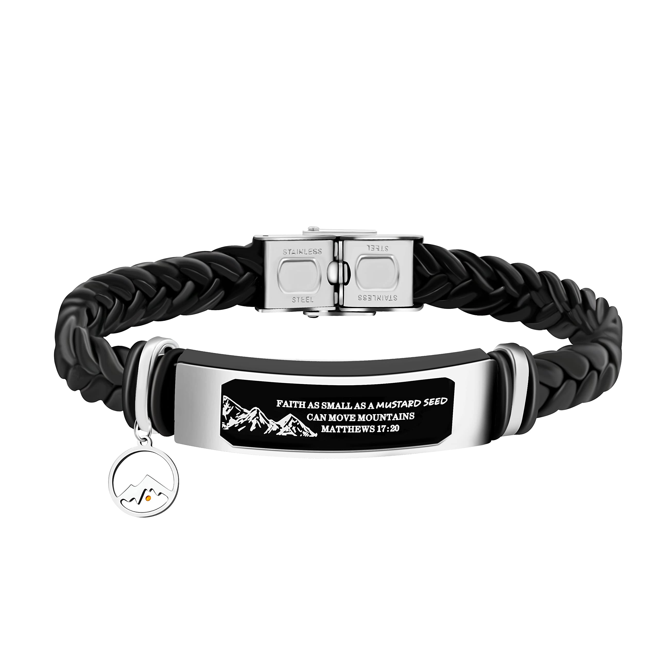 Uloveido Braided Leather Bracelet Engraved Faith Small AS A Mustard Seed Can Move Mountains Matthew 17:20 (Round Mountain Seed)