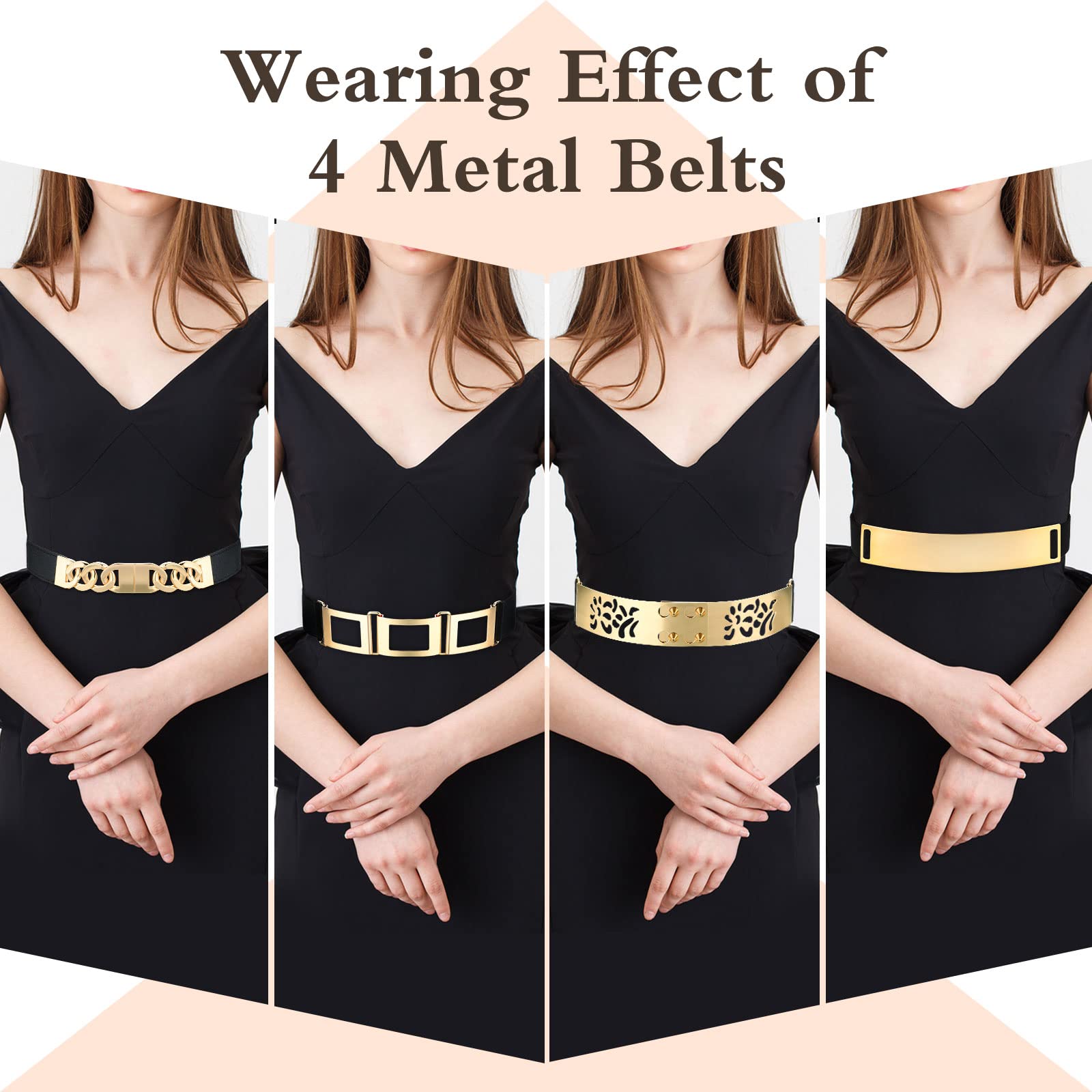 Zhanmai 4 Pieces Belts for Women Metal Gold Stretch Waist Belt Skinny Wide Chain Belt Elastic Belt for Dress (Black, Simple Style)