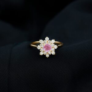 Rosec Jewels Pink Sapphire Engagement Ring with Diamond Halo, Pink Sapphire Cluster Halo Engagement Ring, 14K Yellow Gold, Size:US 5.50