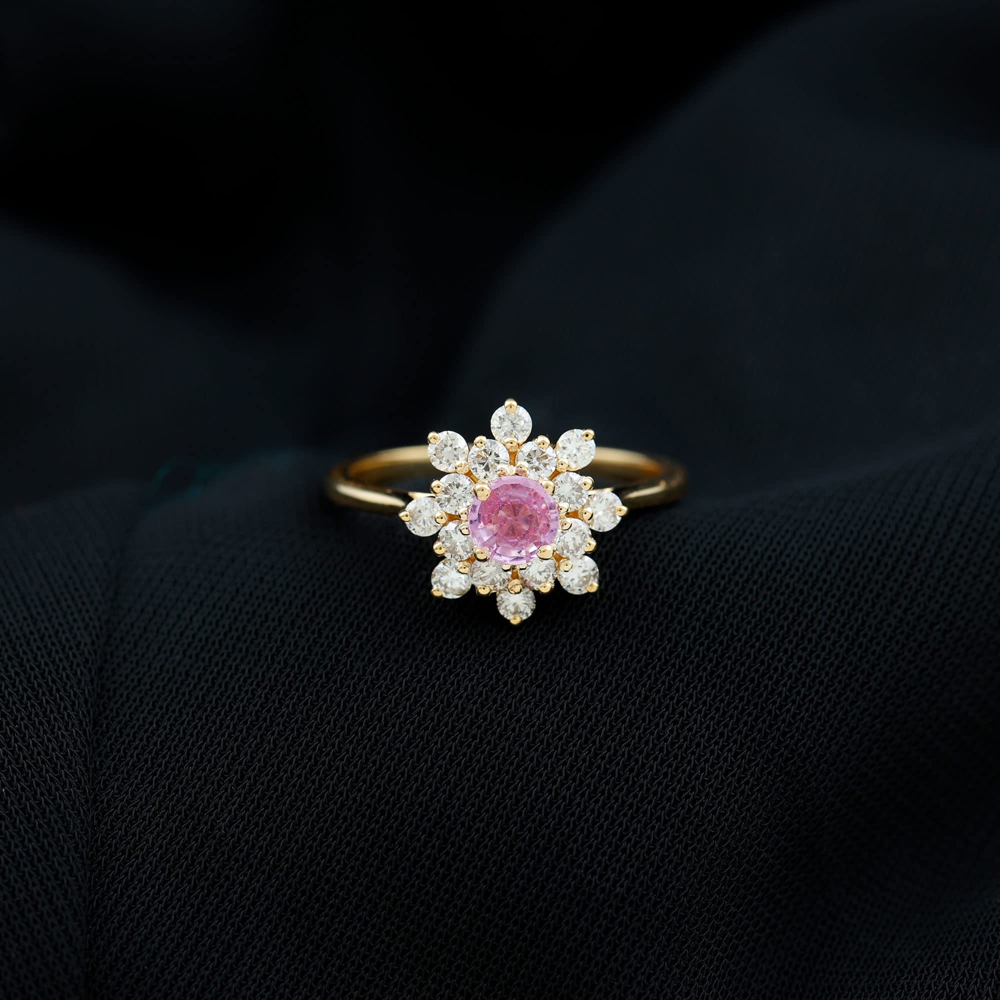 Rosec Jewels Pink Sapphire Engagement Ring with Diamond Halo, Pink Sapphire Cluster Halo Engagement Ring, 14K Yellow Gold, Size:US 5.50