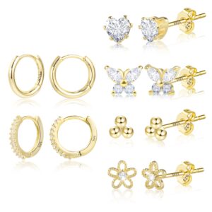 boutiquelovin 6 pairs 14k gold earrings set studs and small huggie hoop earrings multiple pack for pierced ears