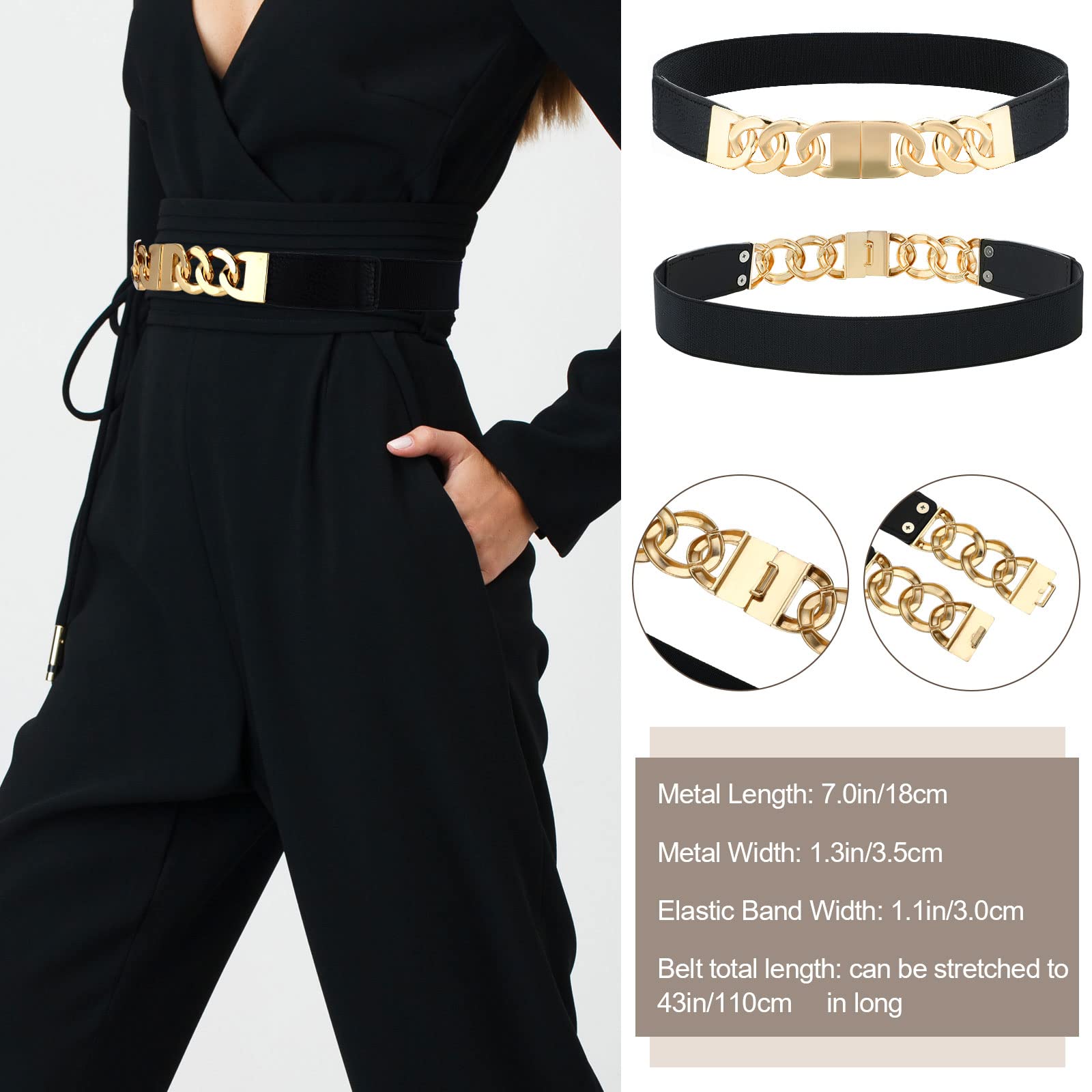 Zhanmai 4 Pieces Belts for Women Metal Gold Stretch Waist Belt Skinny Wide Chain Belt Elastic Belt for Dress (Black, Simple Style)