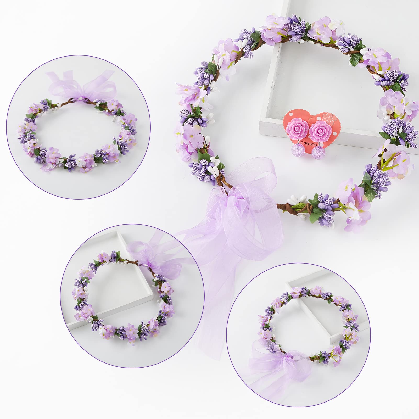 Purple Flower Headpiece with Clip On Earrings Flower Crown Headband for Women Halloween Costume Accessories for Isabella