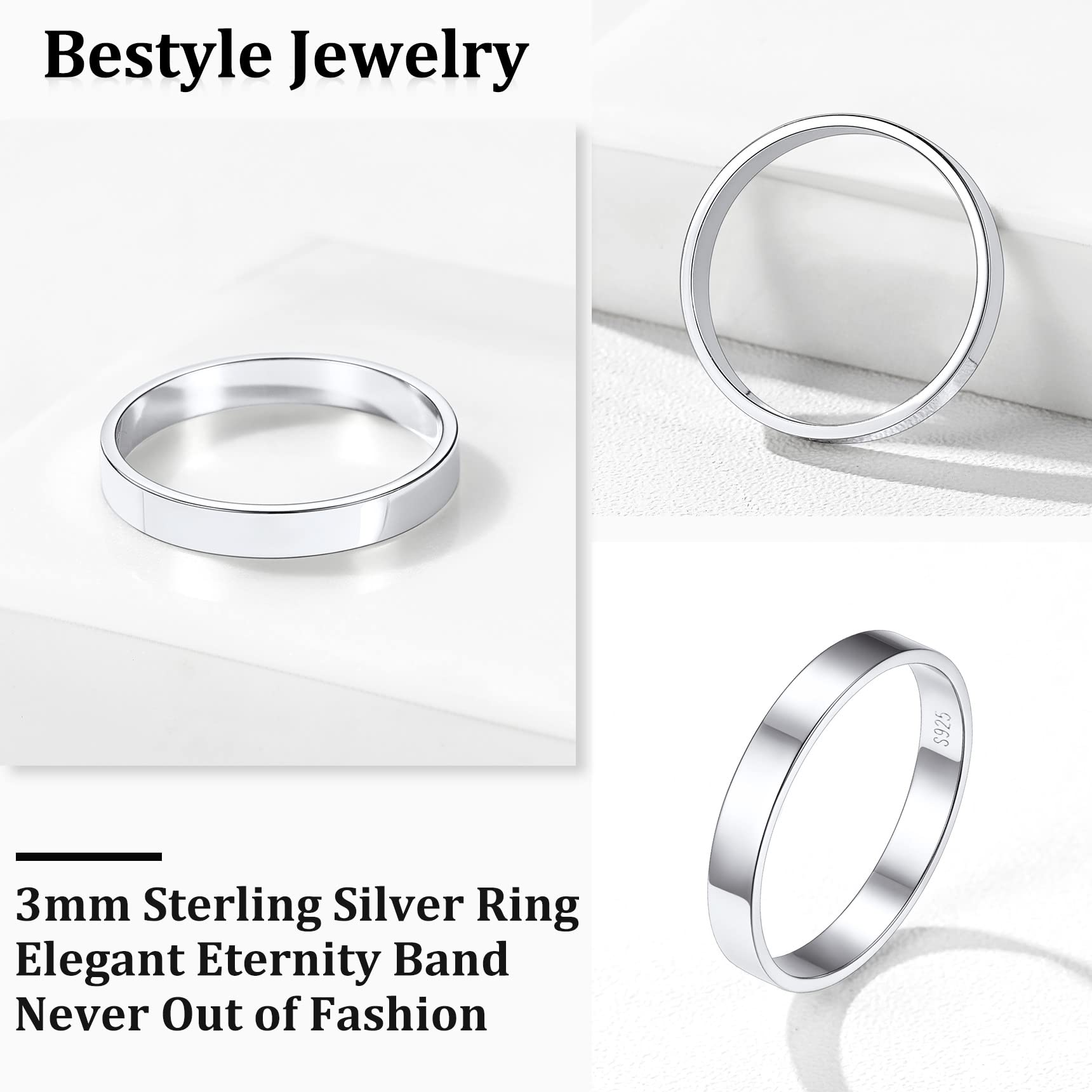 Bestyle 3mm Wide Sterling Silver Band Rings for Women Men Minimalist Knuckle Finger Ring, Dome Style Dainity Rings for Promise/Engagment/Wedding/Anniversary, Size 12