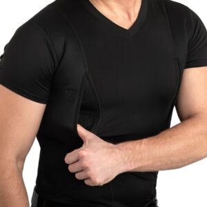 CCW Tactical Concealed Carry Holster Shirt | Secure Hook & Loop Pocket with Large Storage | All Season Moisture Wicking Compression Shirt | Mens V-Neck, Black XL