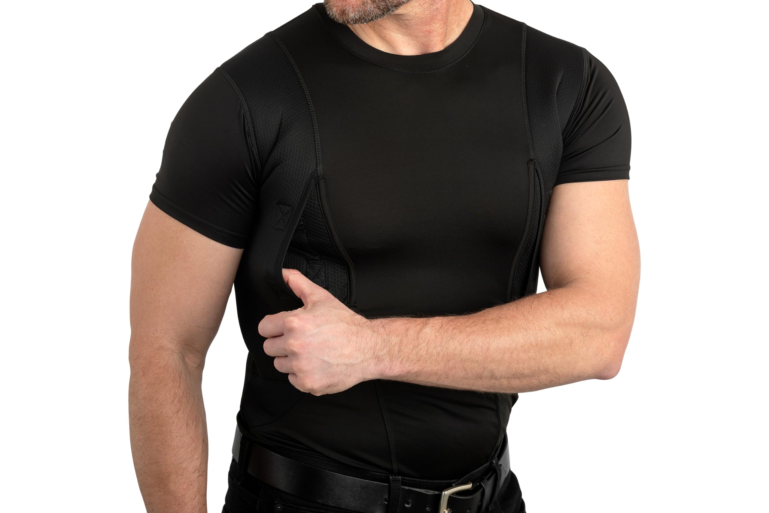 CCW Tactical Concealed Carry Holster Shirt | Secure Hook & Loop Pocket with Large Storage | All Season Moisture Wicking Compression Shirt | Mens Crew, Black S