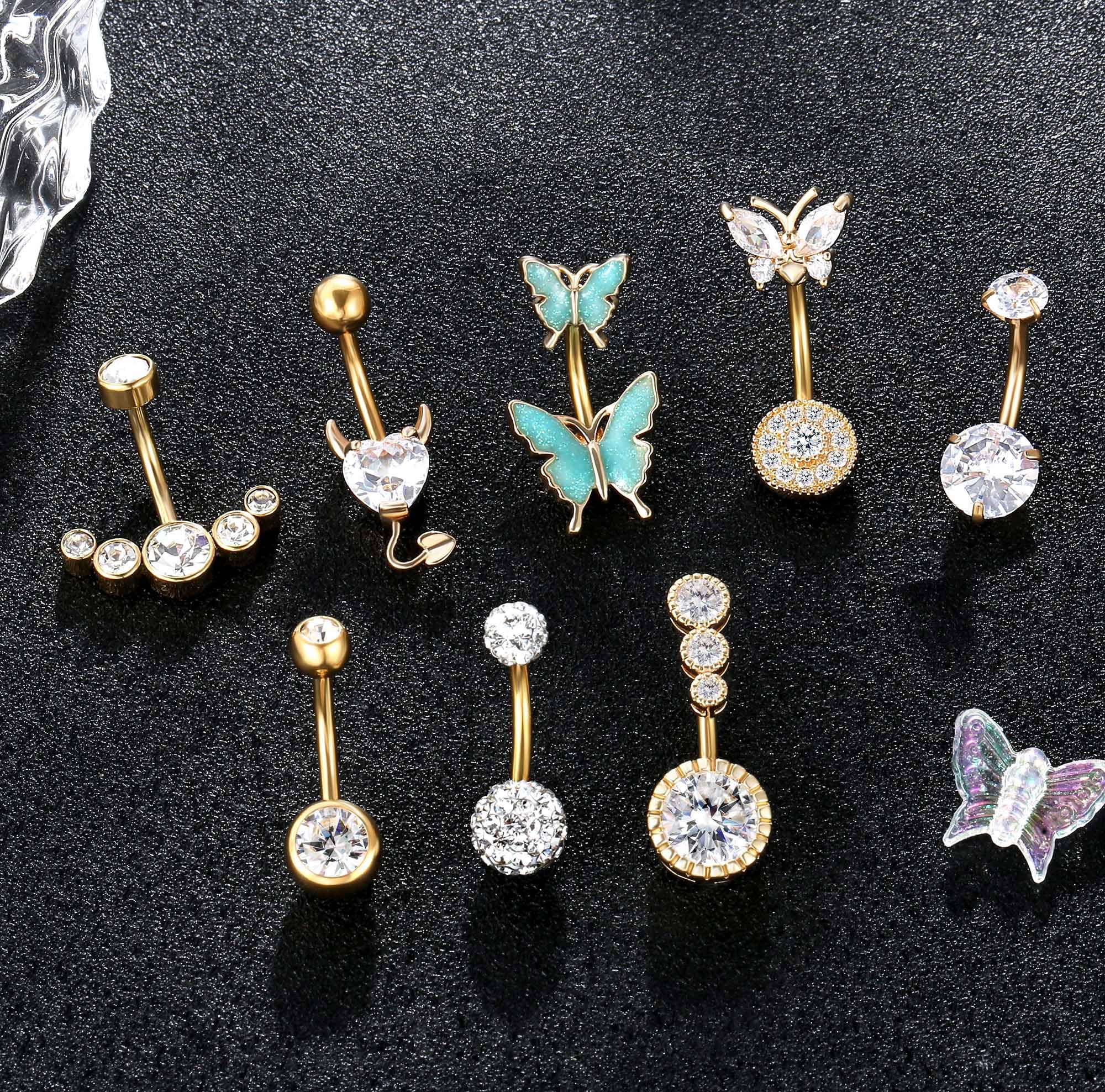 Shakalaka Surgical Steel Belly Button Ring for Women with Cute Butterfly Navel Rings Piercing Jewelry Pack Gold