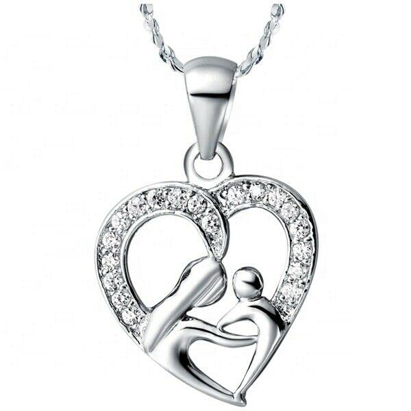 Navnita Jewellers 1.00 Ct Round Cut Diamond Mom-Child Heart Pendant Necklace With 18" Chain 14k White Gold Plated