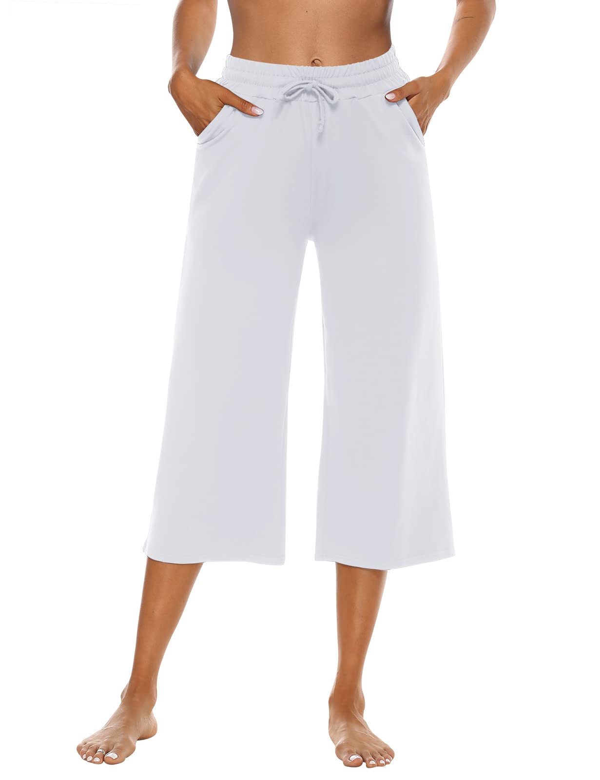 OYANUS Capris for Women Casual Summer Loose Comfy Drawstring Wide Leg Capri Pants with Pockets White-3XL