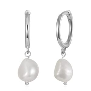 small pearl huggie hoop earrings with dangle for women, sterling silver drop huggie earring with charm for everyday