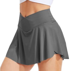 RIOJOY Tennis Skirts for Women with Pockets Inner Shorts Cross High Waisted Golf Athletic Running Workout Sports Outfits(A# V-Waist Grey,S)